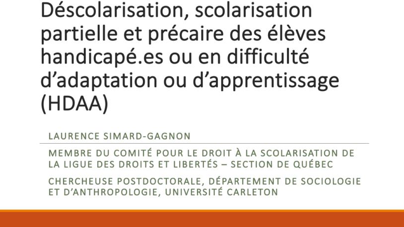 Présentation : Déscolarisation, scolarisation partielle et précaire des élèves handicapé.es ou ...